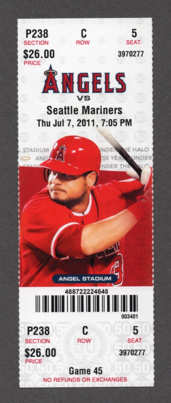 Kyle Seager MLB Debut 2011-07-07 Los Angeles Angels vs Seattle Mariners Full Season Ticket ...