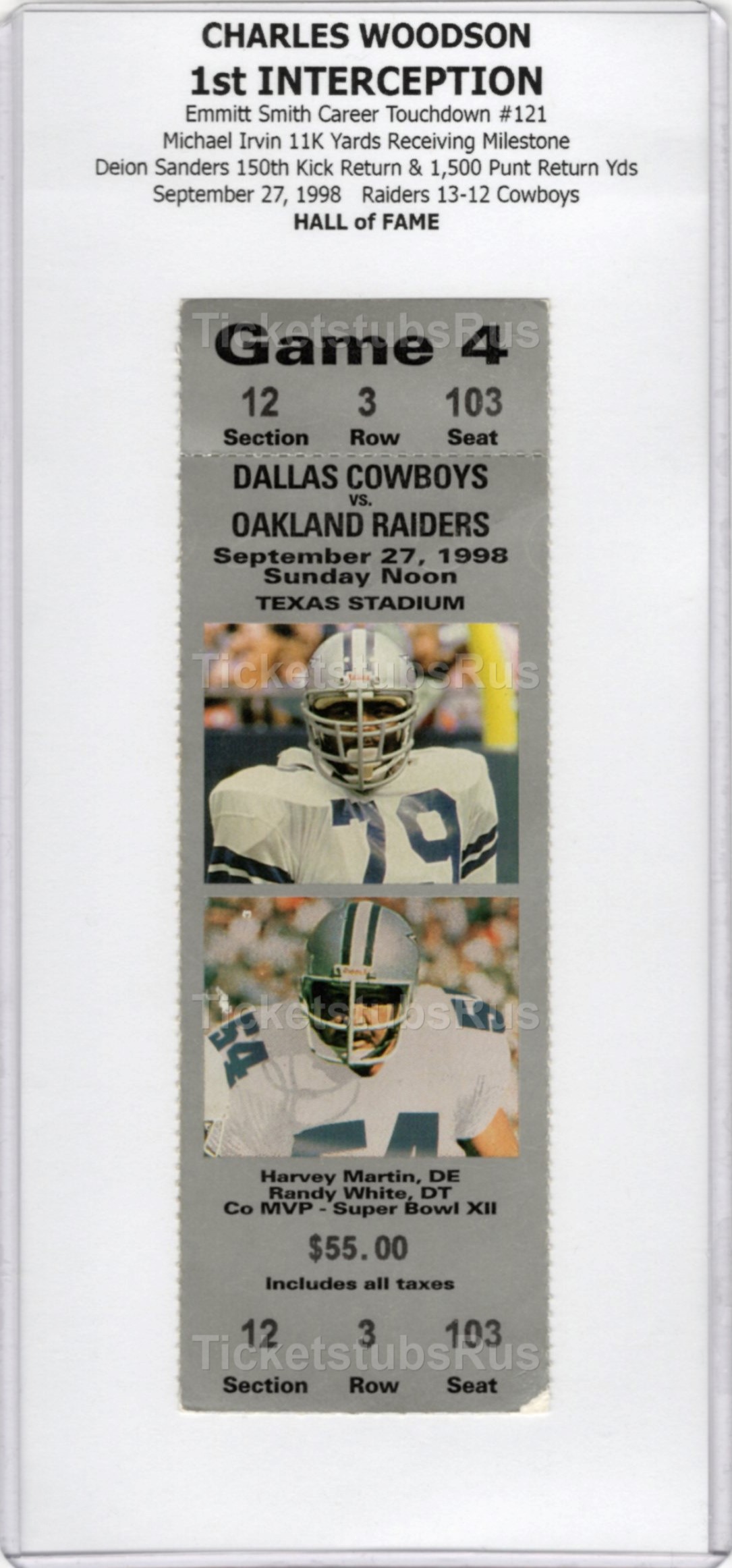 Charles Woodson 1st INTERCEPTION 1998 Cowboys Raiders 9/27 Full Ticket ...
