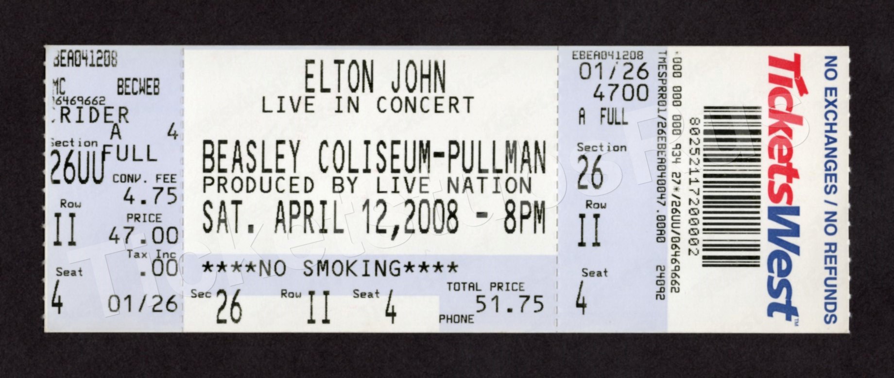 2008 ELTON JOHN Concert 4/12 Full Ticket BEASLEY COLISEUM Pullman ...