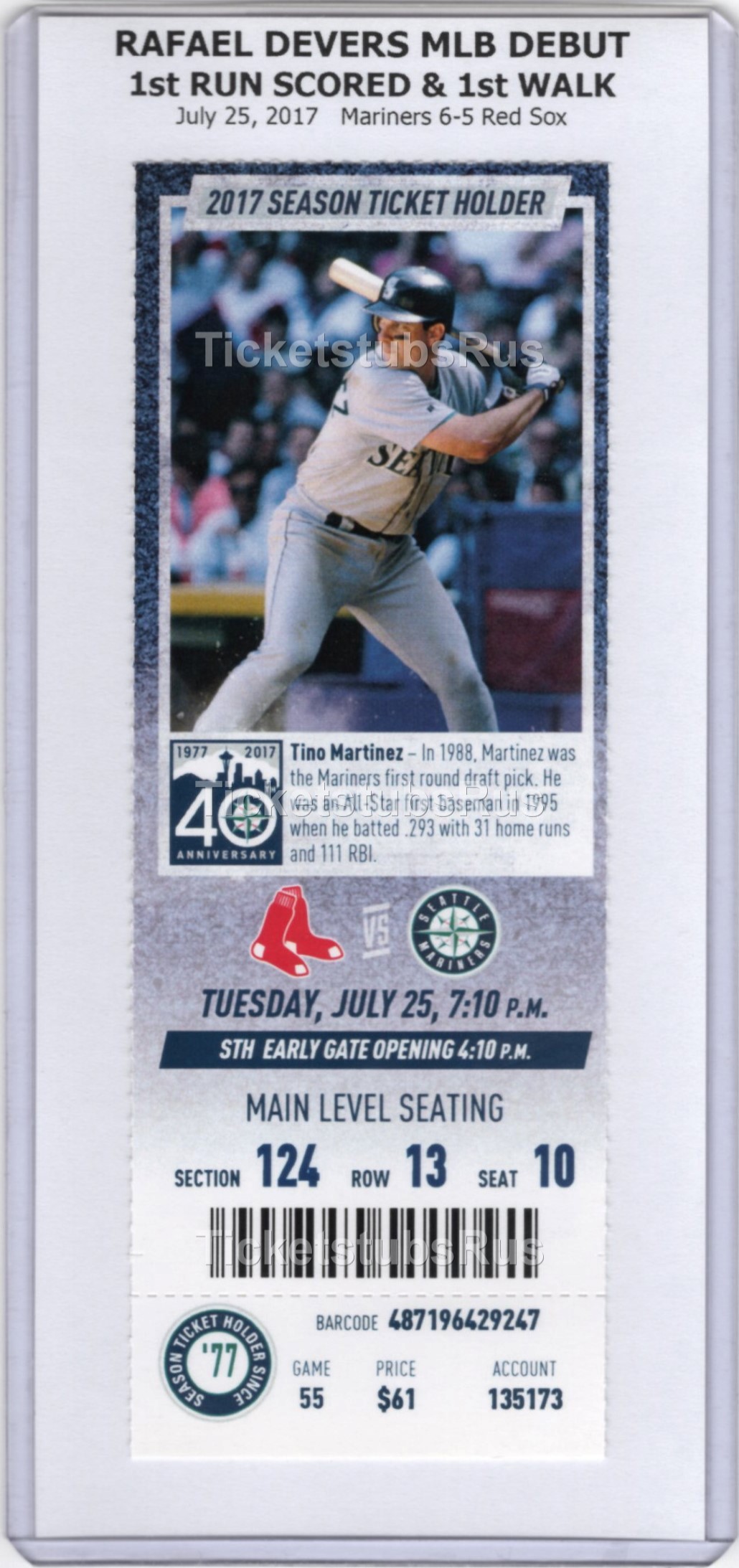Rafael Devers MLB DEBUT 2017 Boston Red Sox @ Mariners 7/25 Full Ticket ...
