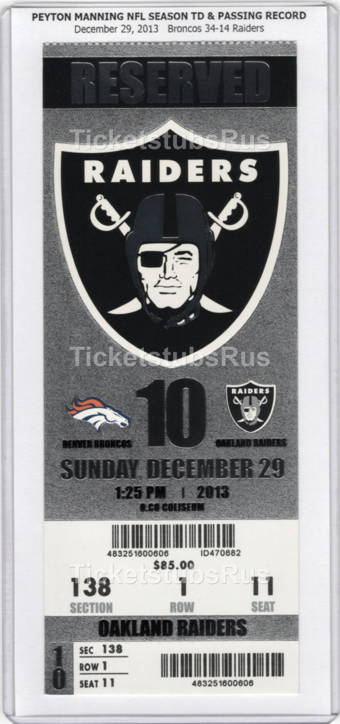 Peyton Manning NFL PASSING & TD RECORD 2013 Raiders Broncos 12/29 Full ...