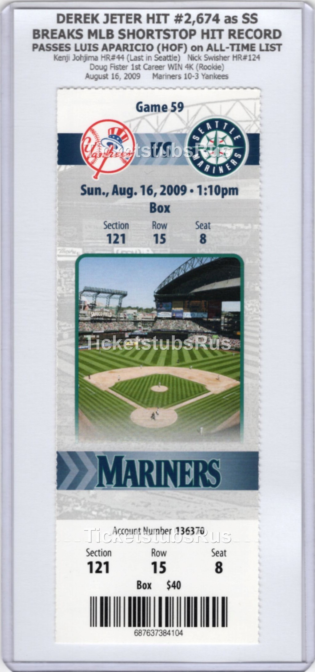 Derek Jeter BREAKS SHORTSTOP HIT RECORD 2009 Mariners Yankees 8/16 Full ...