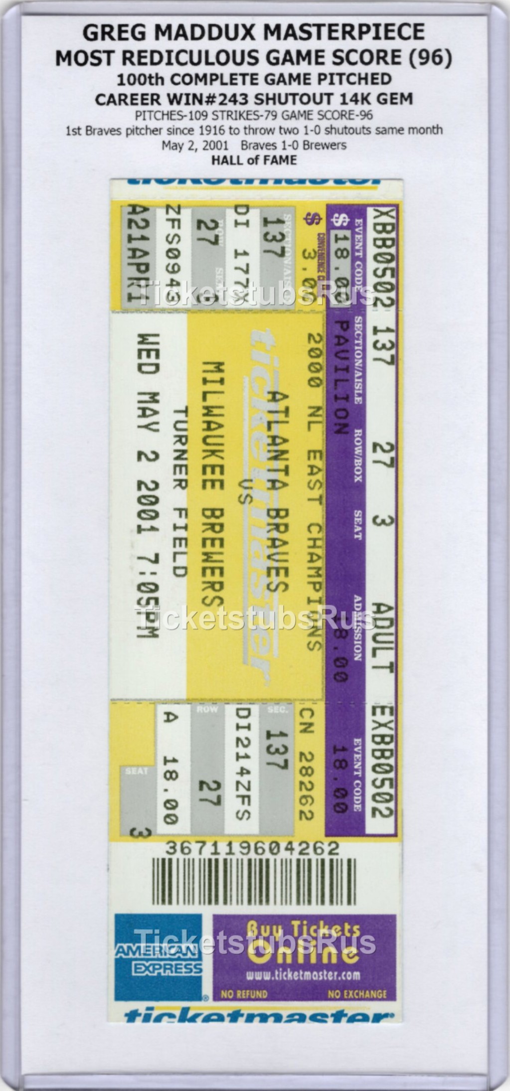 greg-maddux-14k-sho-masterpiece-2001-braves-brewers-5-2-full-ticket-mad ...