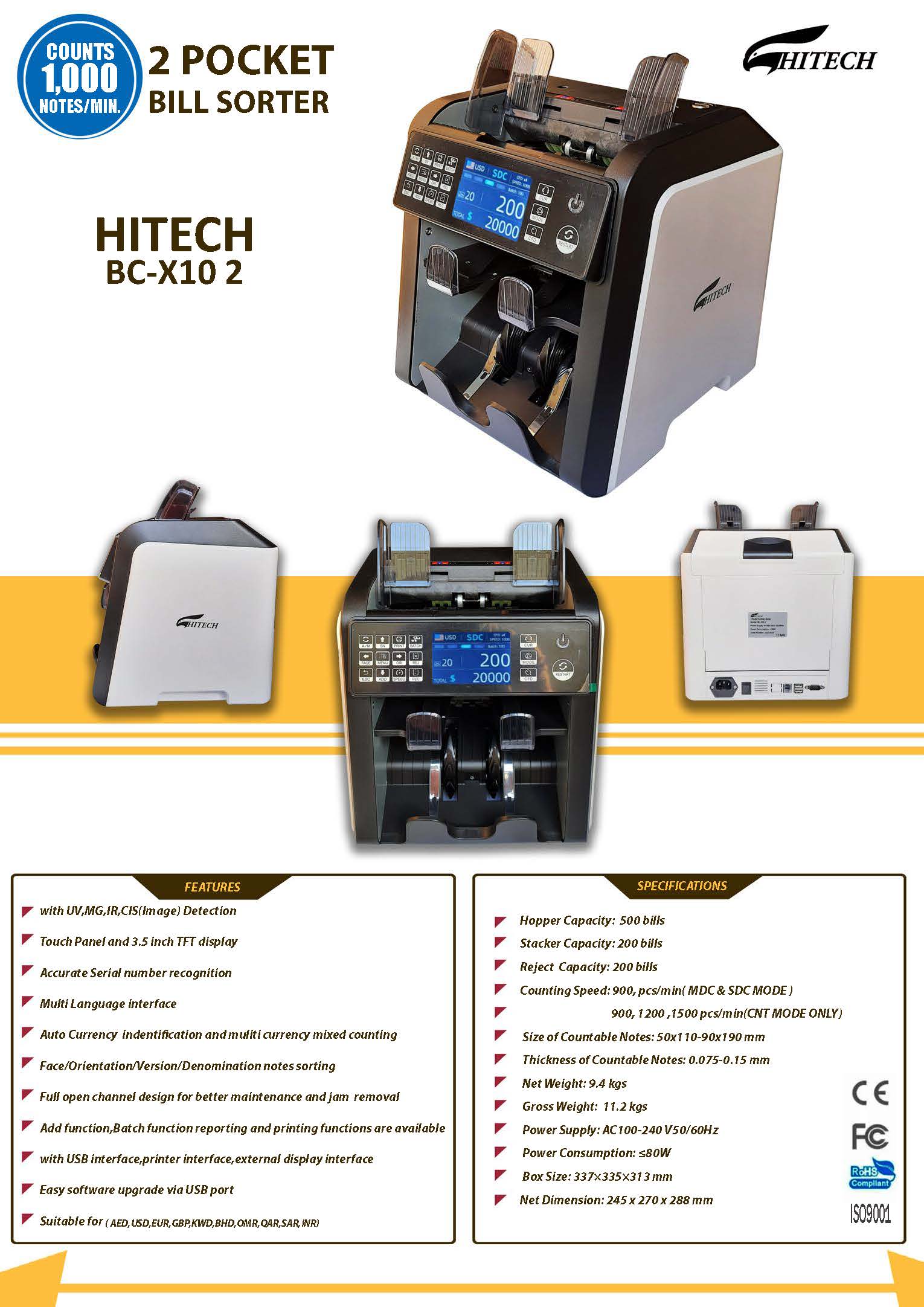 HITECH BC BC X10 2 2 POCKET CASH COUNTING MACHINE