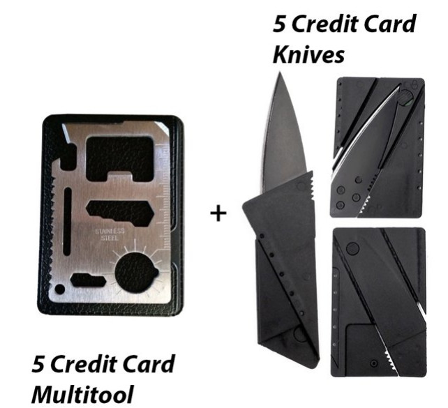 Five Credit Card Folding Knives, Five 11-in-1 Credit Card Multi Tools
