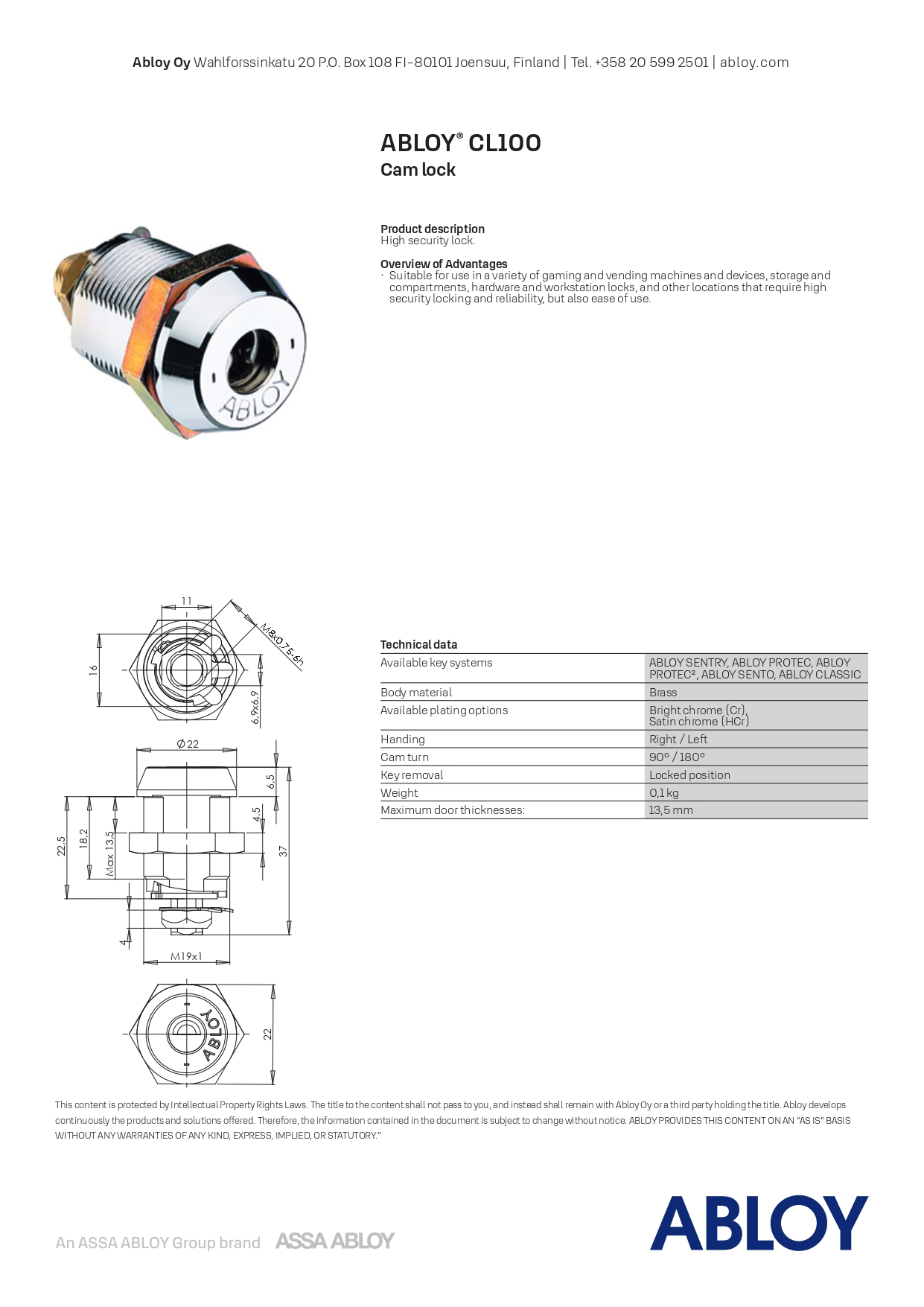 Abloy CL100T Protec2 Cam Lock /Postbox Lock/Vending Machine Lock