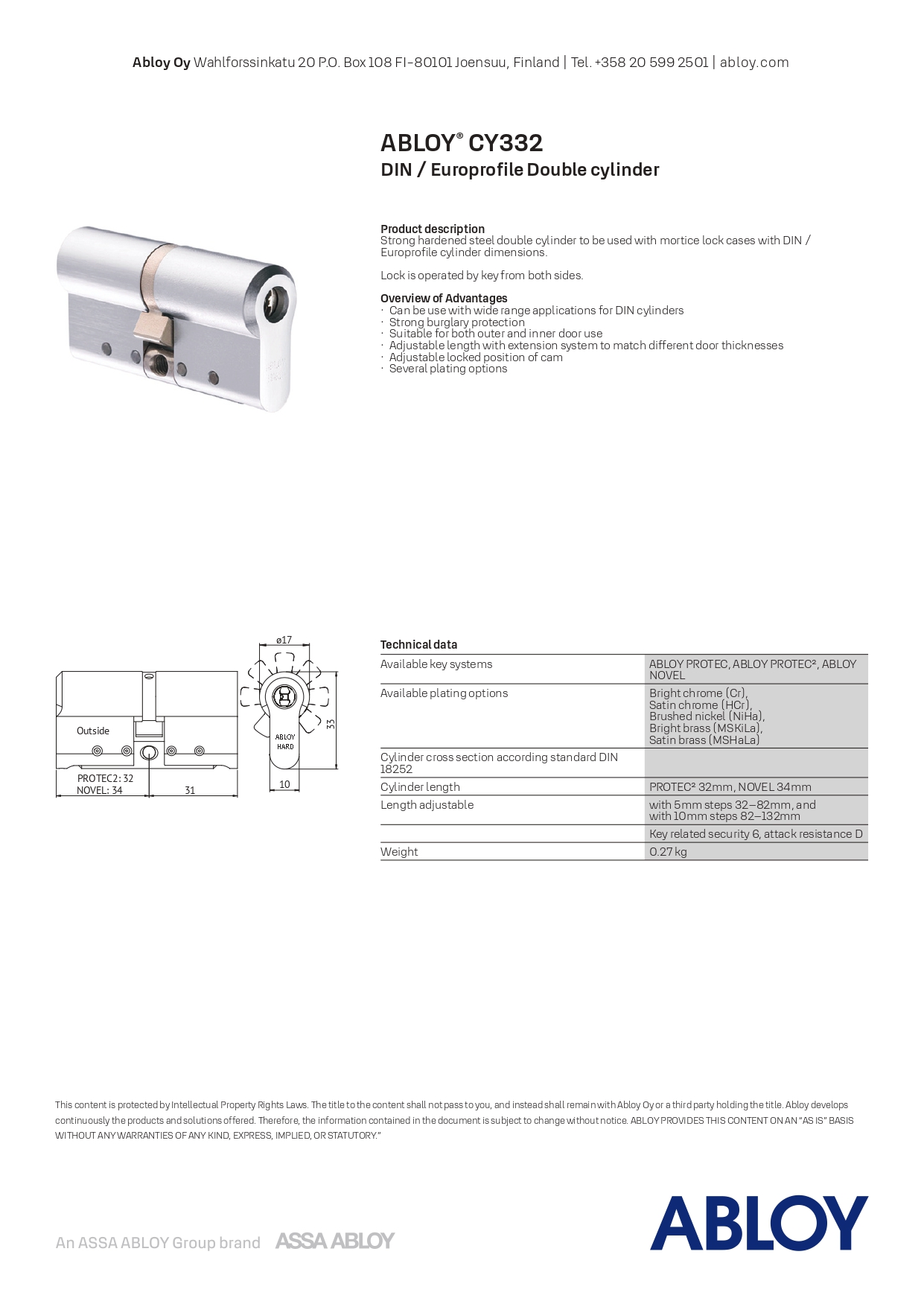 ABLOY CY322T PROTEC 2 High Security Cylinder Lock