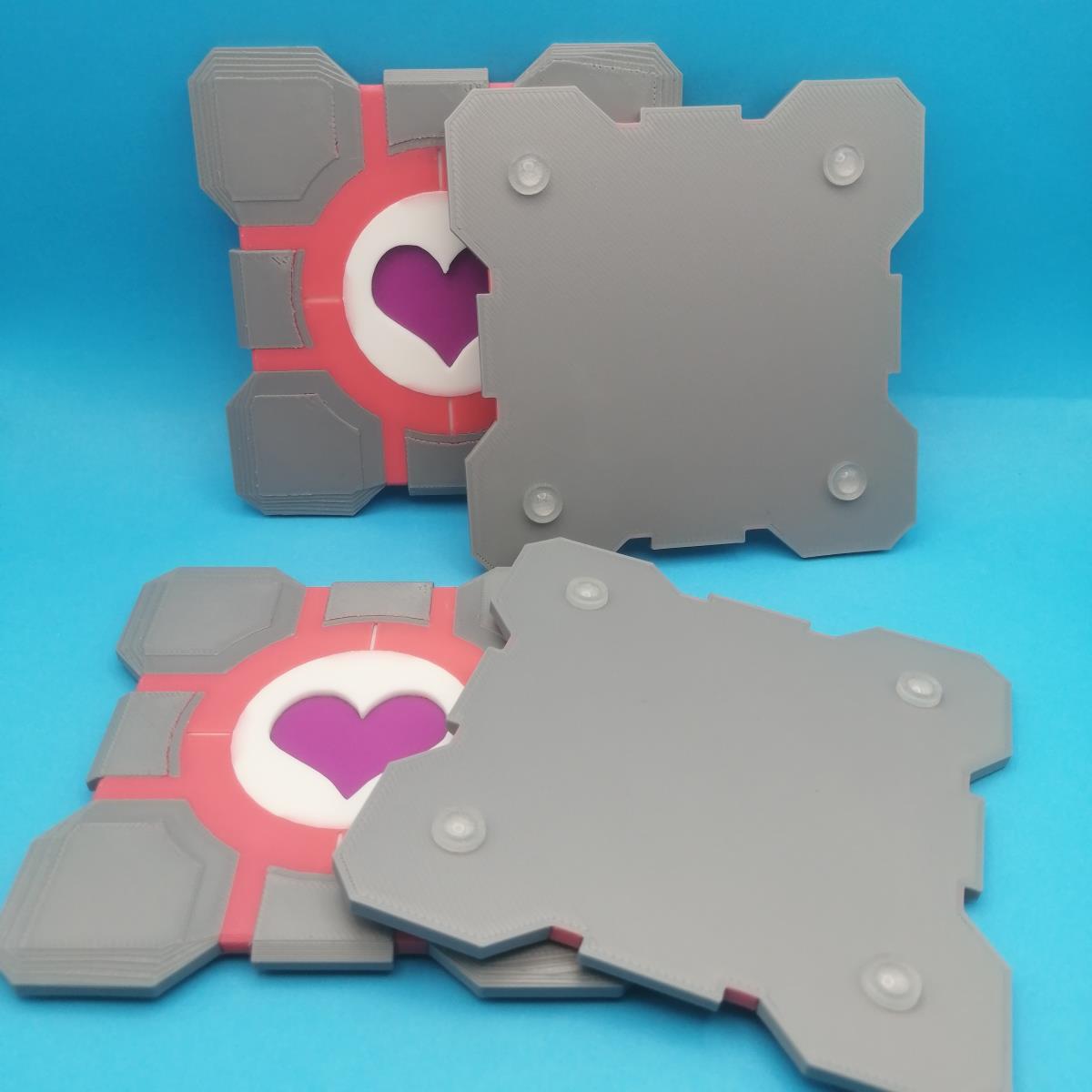Portal Companion Cube 4-Piece PLA 3D Printed Coaster Set & Holder