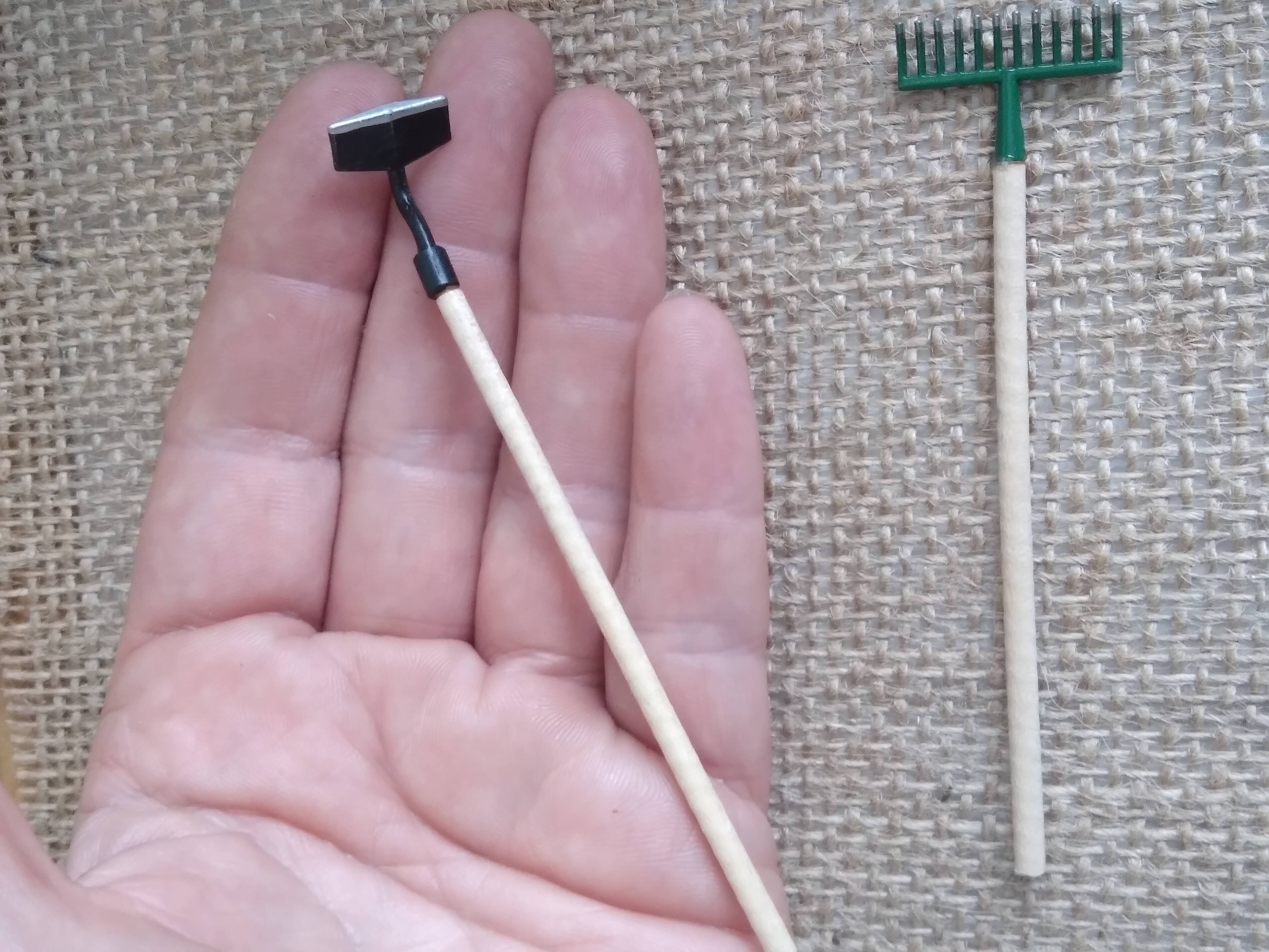 Miniature gardening tools set for crafting - spade, hoe and rake