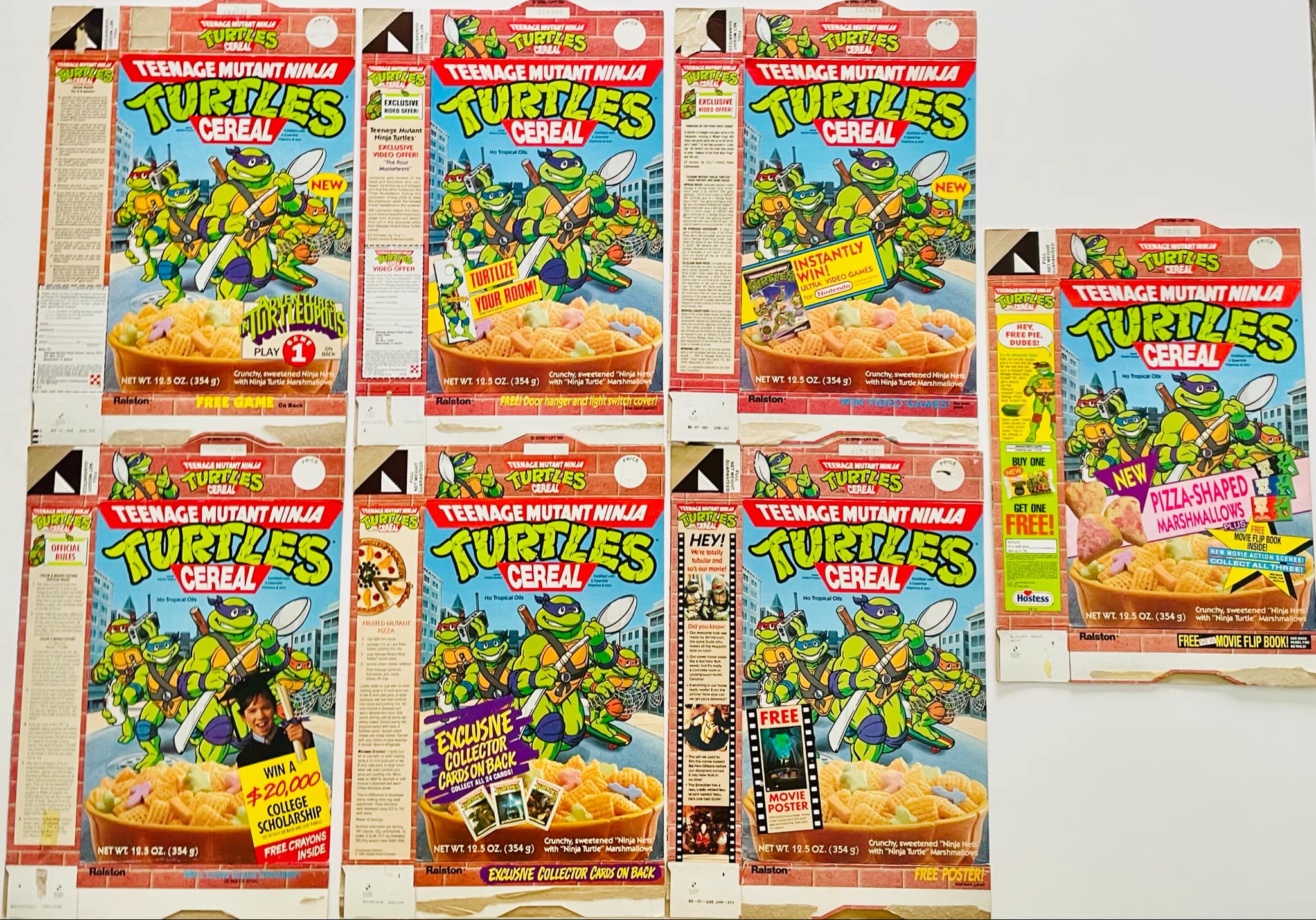 TEENAGE MUTANT NINJA TURTLES 1989-1990 CEREAL BOX LOT of 7 BOX