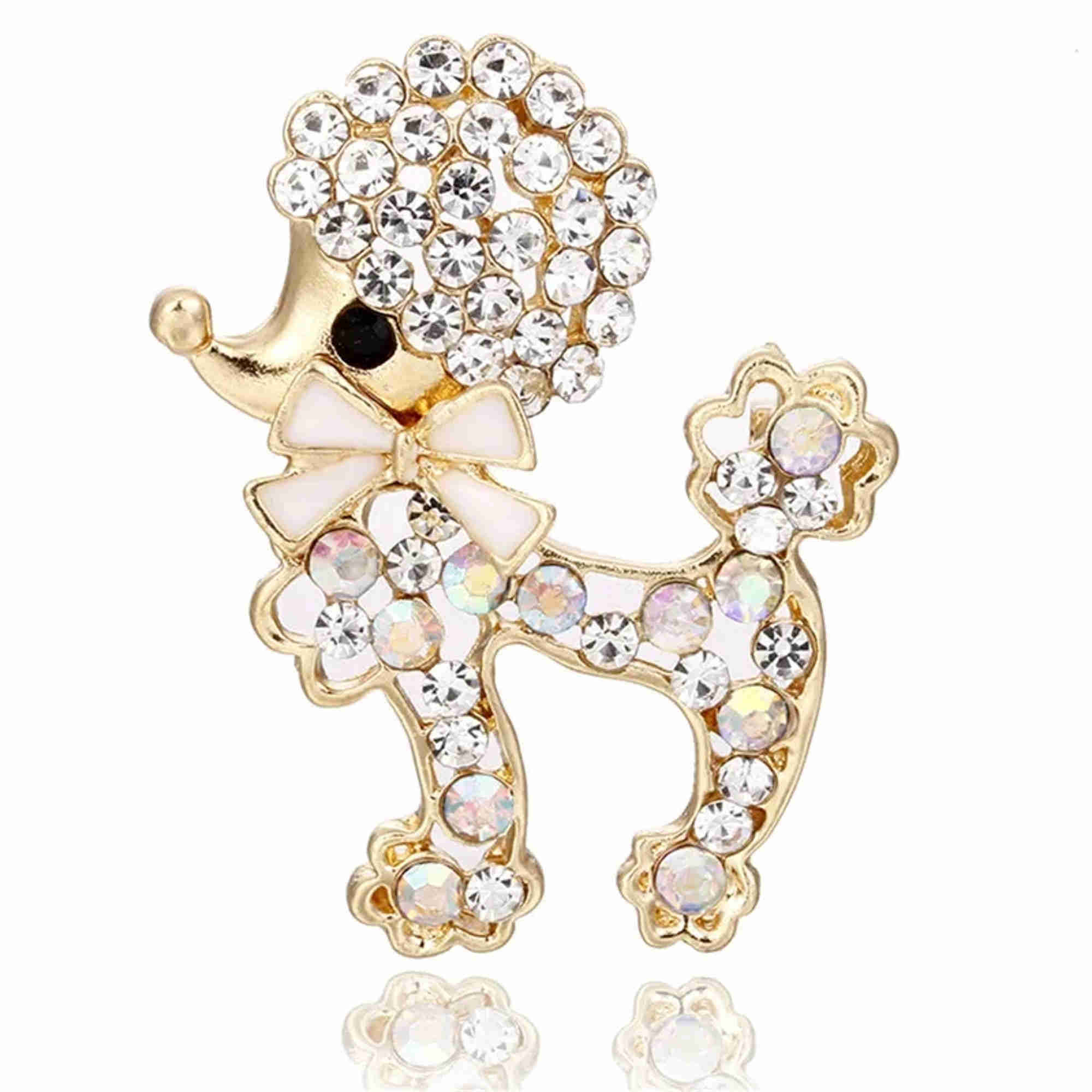Poodle Dog Rhinestone Crystal Gold Brooch