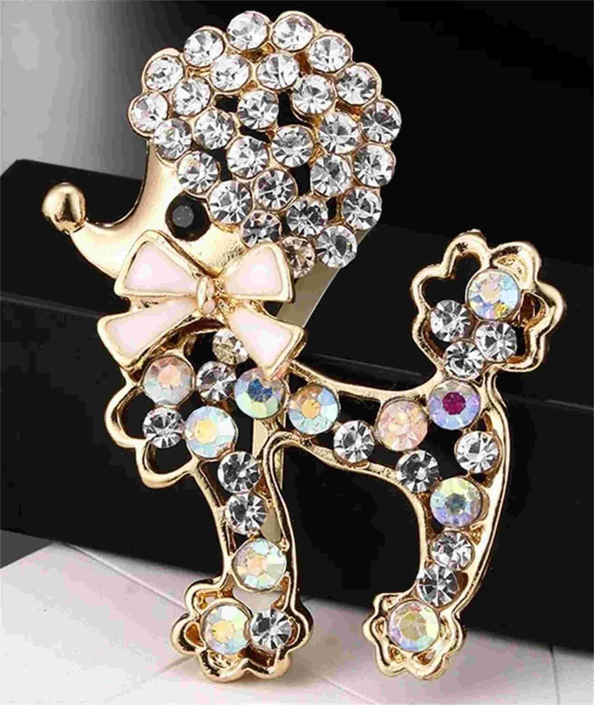 Poodle Dog Rhinestone Crystal Gold Brooch