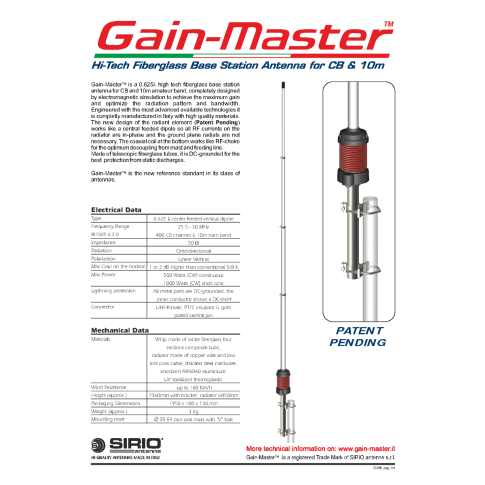 Sirio Gain-Master (5/8 Wave) 25-30MHz - CB & 10m Base Antenna (New Upgrade Version)