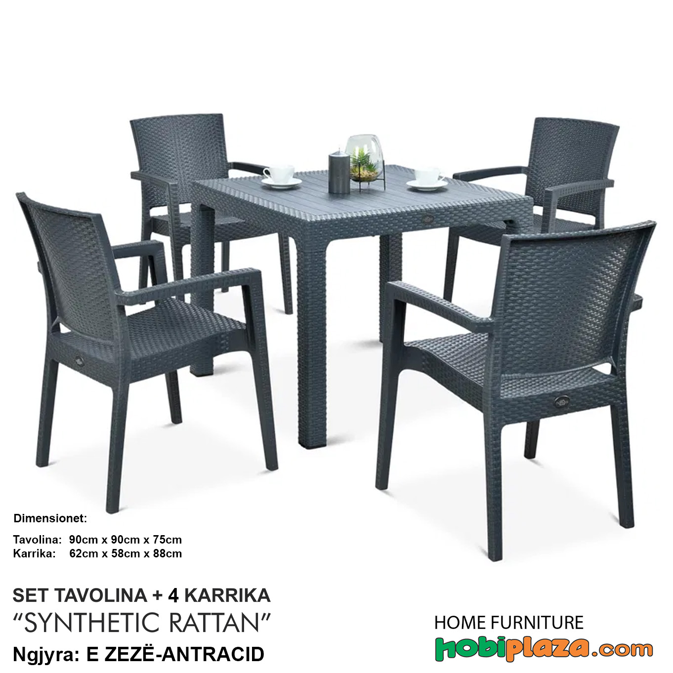 Set Tavoline 90x90 Kopshti me 4 Karrige - Antracid/e zeze RATTAN STYLE ...