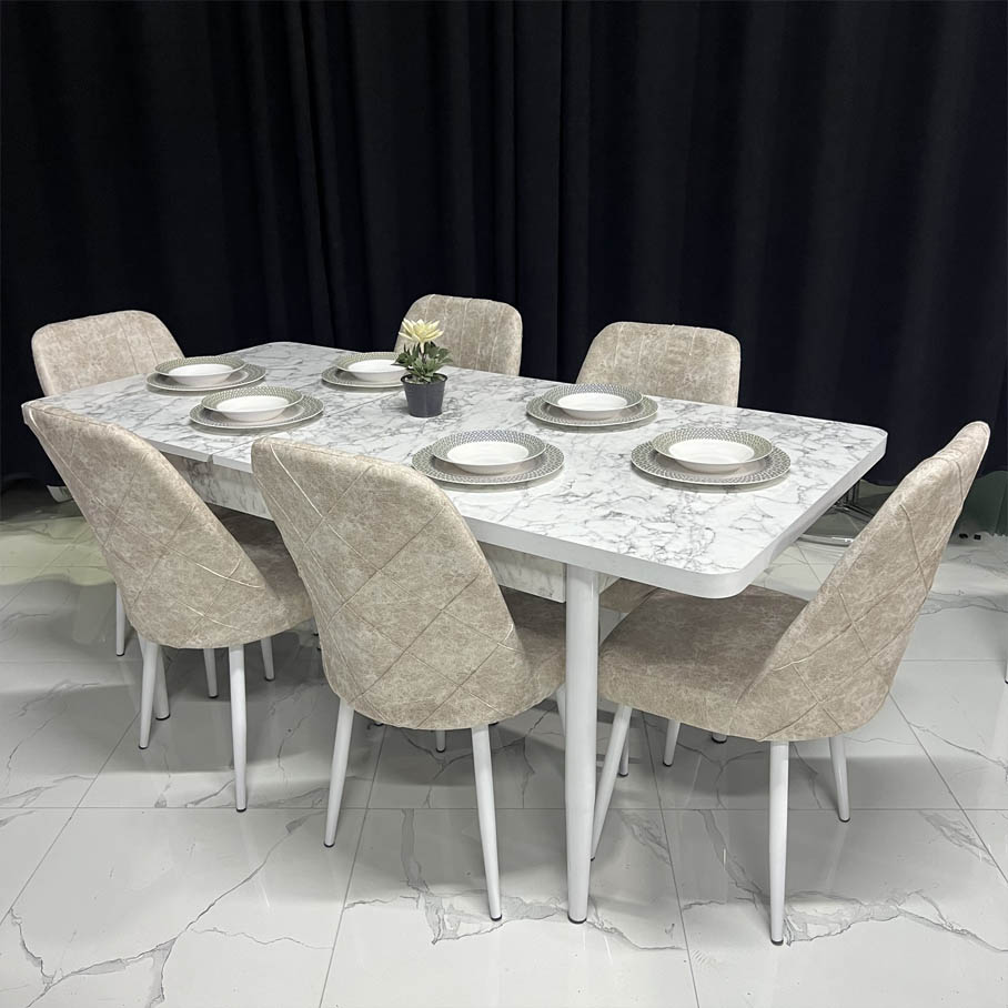 Set Tavoline Buke + 6 karrika (Tavoline Mermer i bardhë e zgjatshme ...