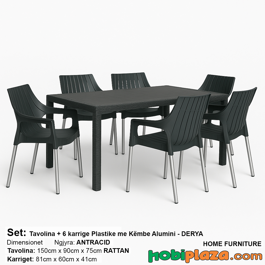 Tavoline Rattan 150x90x75cm + 6 Karrige Plastike me Kembe Alumini ...