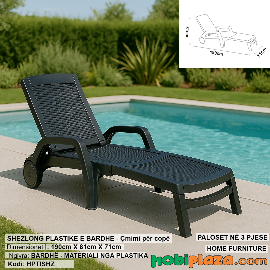 Shezlong Plastik Rattan Look – Paloset në 3 Pjesë, me Rrota – Ngjyrë e Zezë