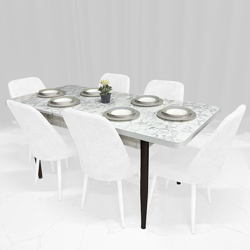 Tavolinë Buke Teksturë Mermeri i bardhë (170/132x78x80cm) e zgjatshme ...