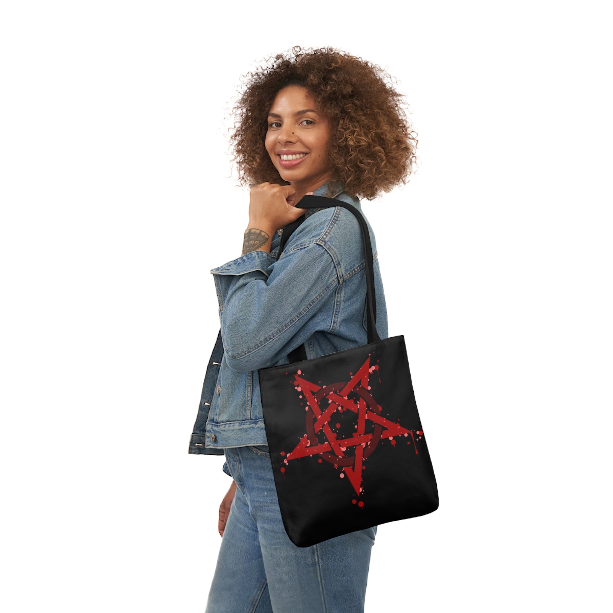 Red Inverted Spotted Pentagram Shoulder Tote Bag